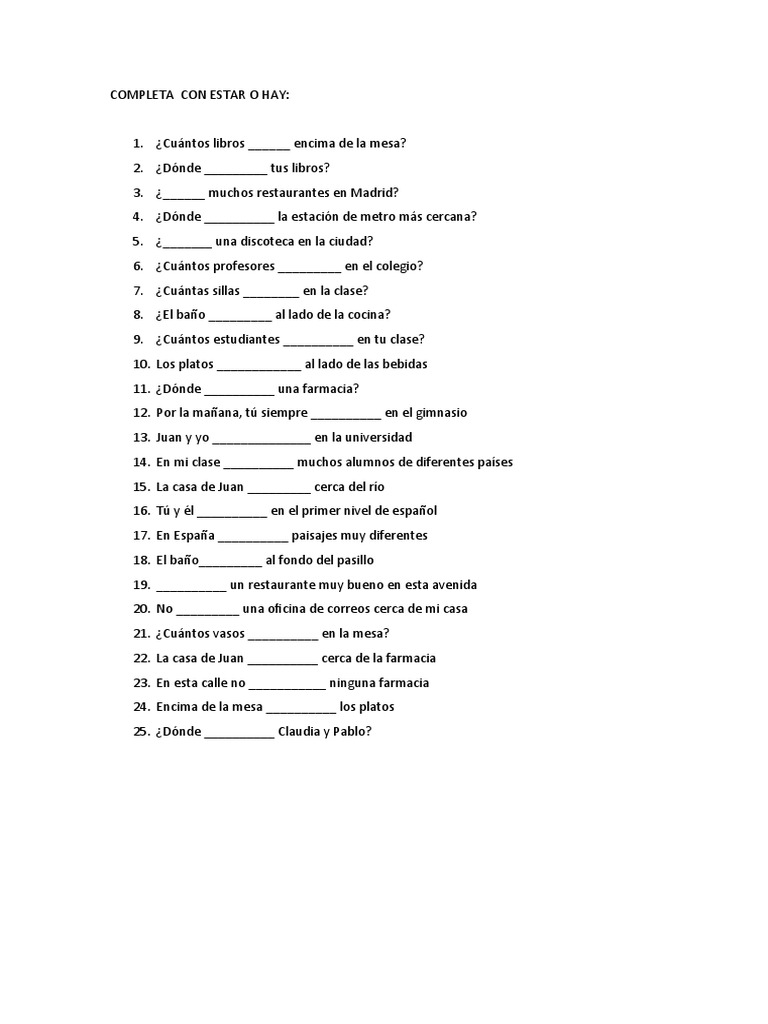 Ejercicios de ESTAR O HAY | PDF