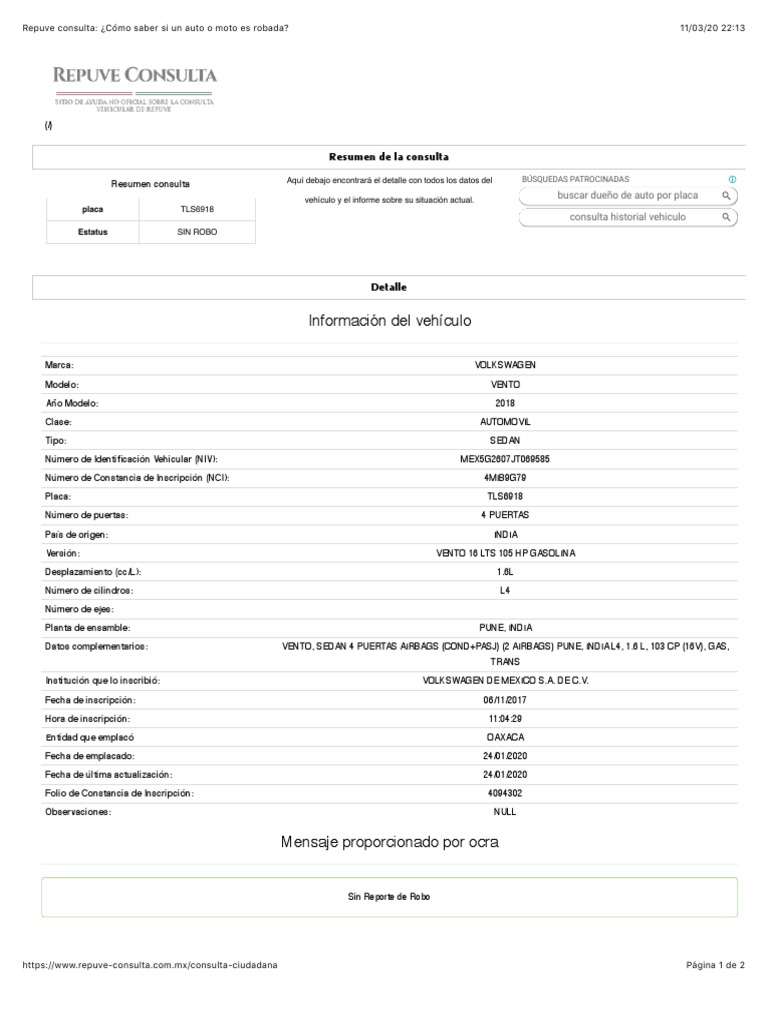 Repuve Consulta: ¿Cómo Saber Si Un Auto o Moto Es Robada? | PDF | Vehículo de motor