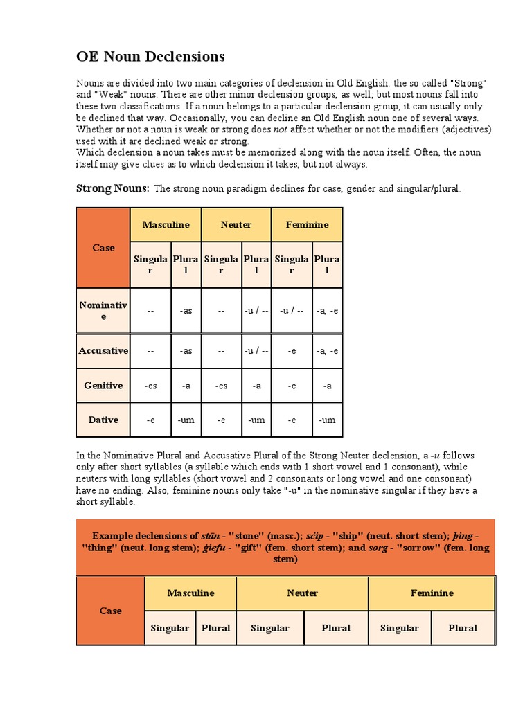 OE Noun Declensions | PDF | Grammatical Gender | Grammatical Number