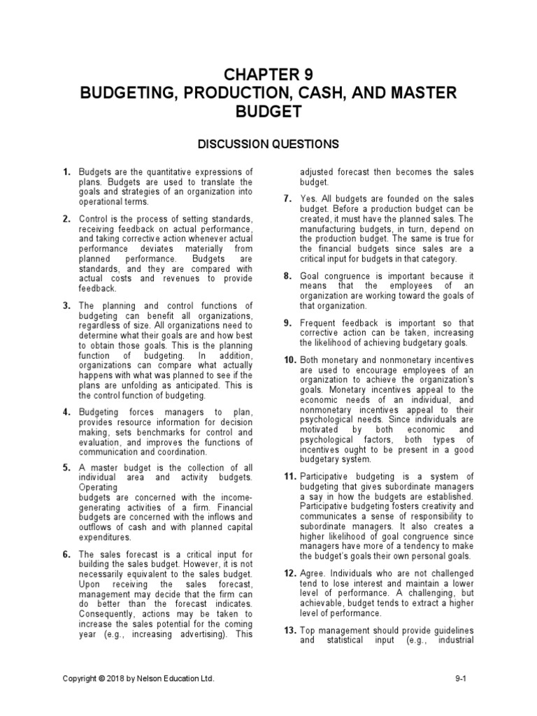Budgeting, Production, Cash, and Master Budget: Discussion Questions ...