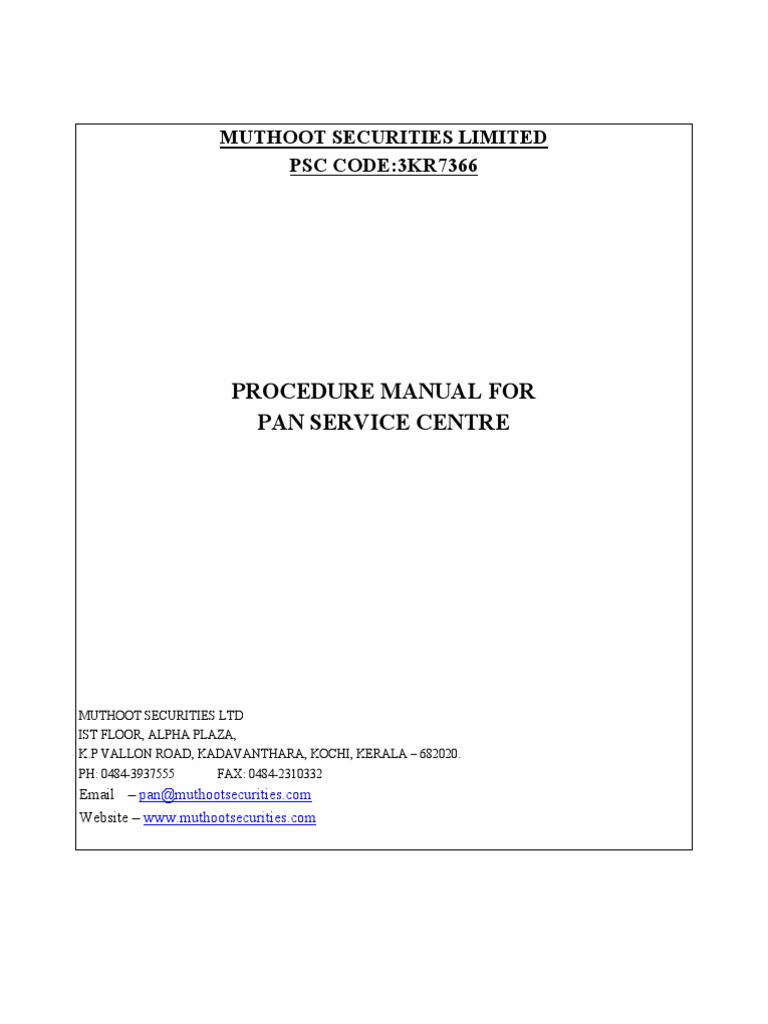 Procedure Manual For Pan Service Centre: Muthoot Securities Limited PSC ...