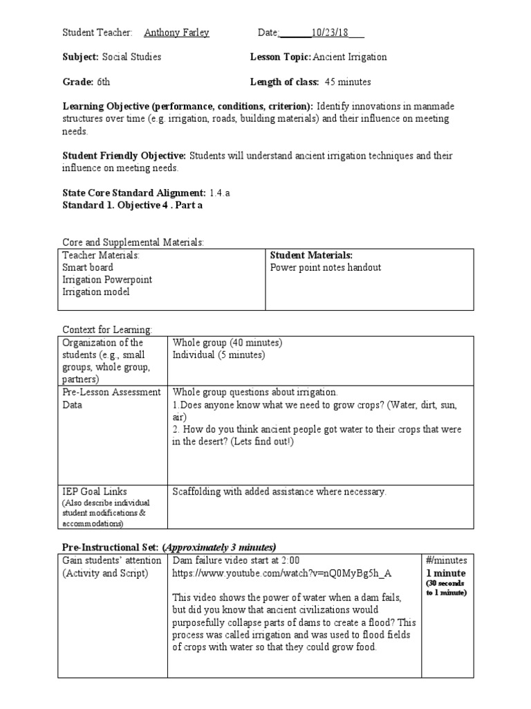 Ancient Irrigation Lesson Plan 1 | PDF | Irrigation | Lesson Plan