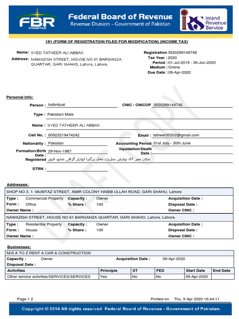 Syed Tatheer Ali Abbas Nawazish Street, House No 61 Barganza QUARTAR ...