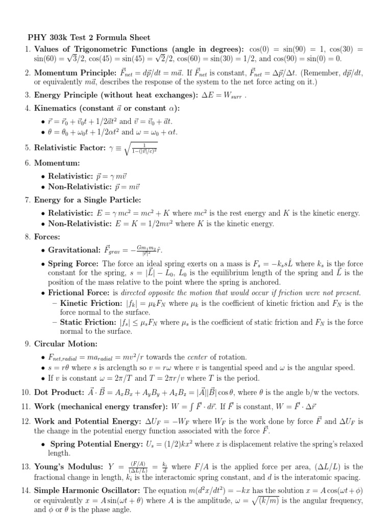 PHY 303k Test 2 Formula Overview | PDF | Kinetic Energy | Force