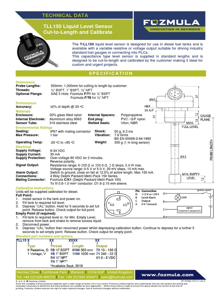 TLL150 Liquid Level Sensor Cut-to-Length and Calibrate: Technical Data | PDF | Electrical ...