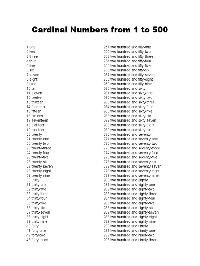 Cardinal Numbers From 1 To 500 | PDF