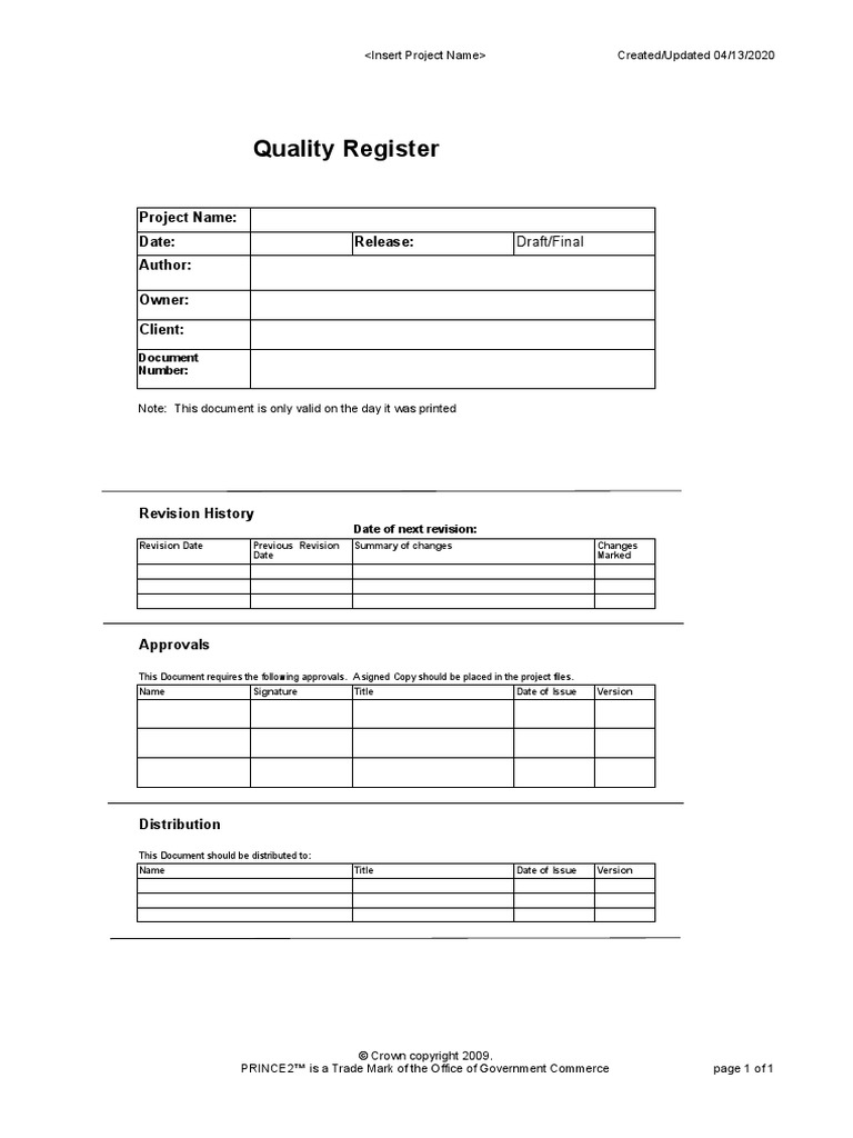 Quality Register: Project Name: Date: Release: Author: Owner: Client ...