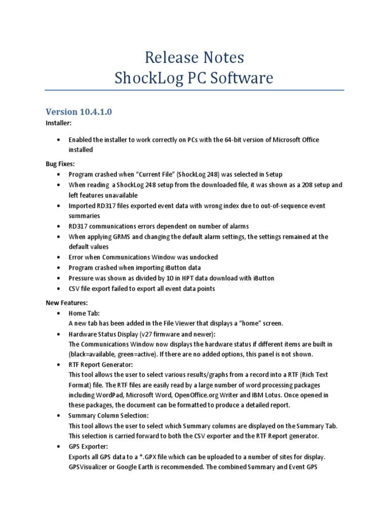 ShockLog PC Software Release Notes 10.4.1 | PDF | Software | System ...