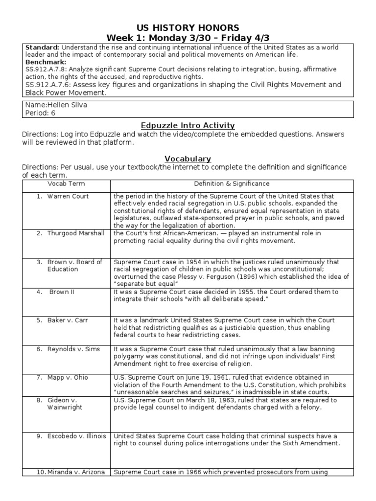 Us History Honors Week 1: Monday 3/30 - Friday 4/3: Edpuzzle Intro ...