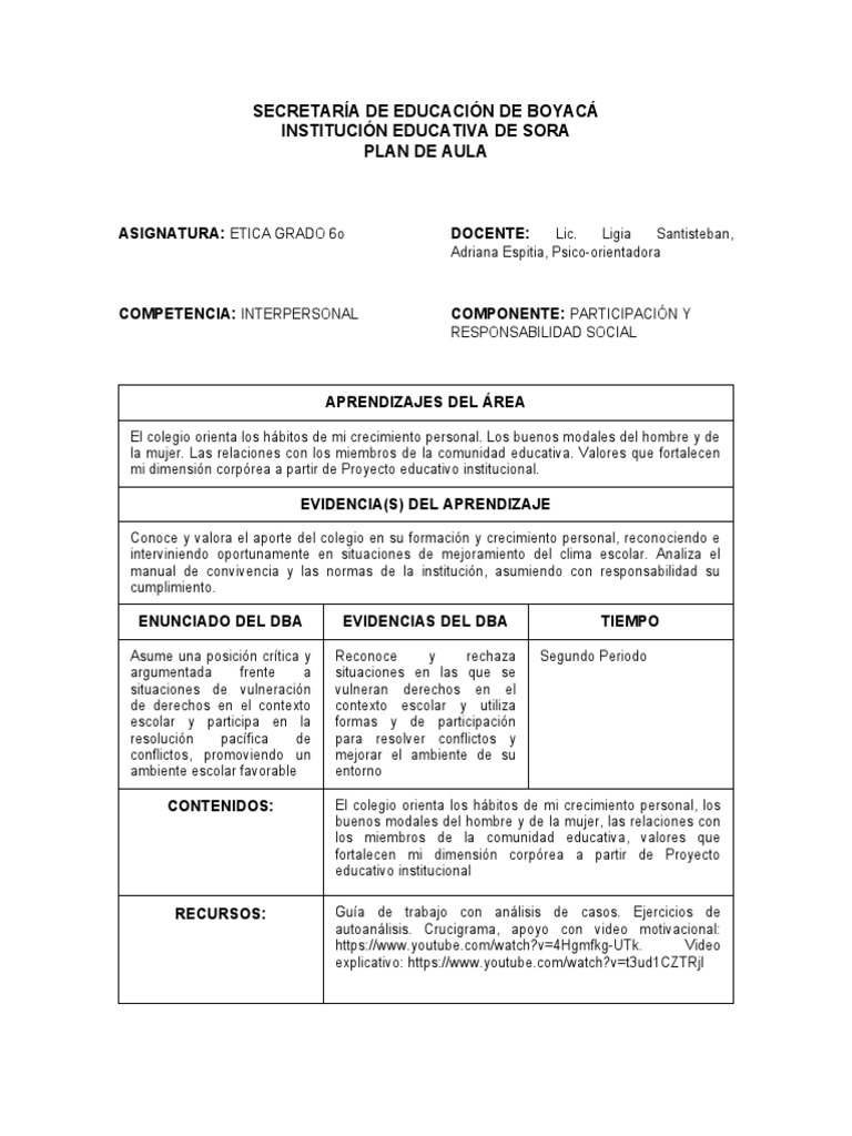 Formato Plan de Aula 2020 | PDF | Familia | Salón de clases