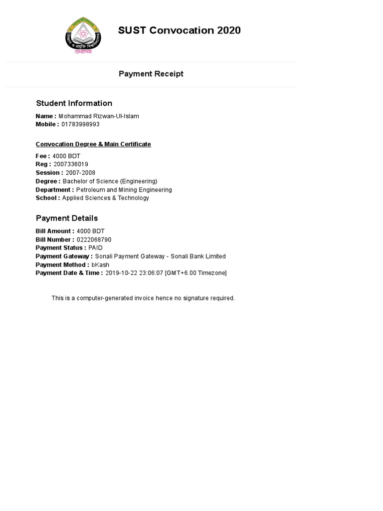 SUST 2020 Convocation Payment Receipt | PDF | Finance & Money Management