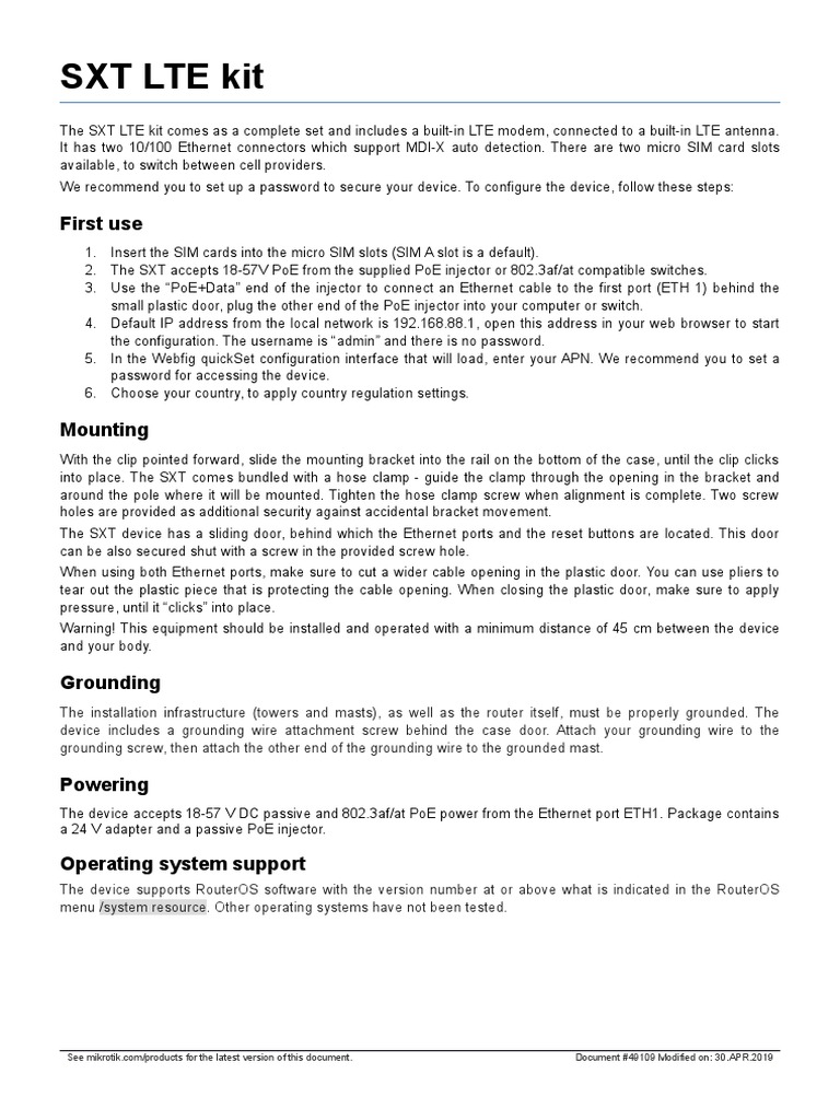SXT LTE kit setup guide | PDF | Electromagnetic Interference | Computer Networking