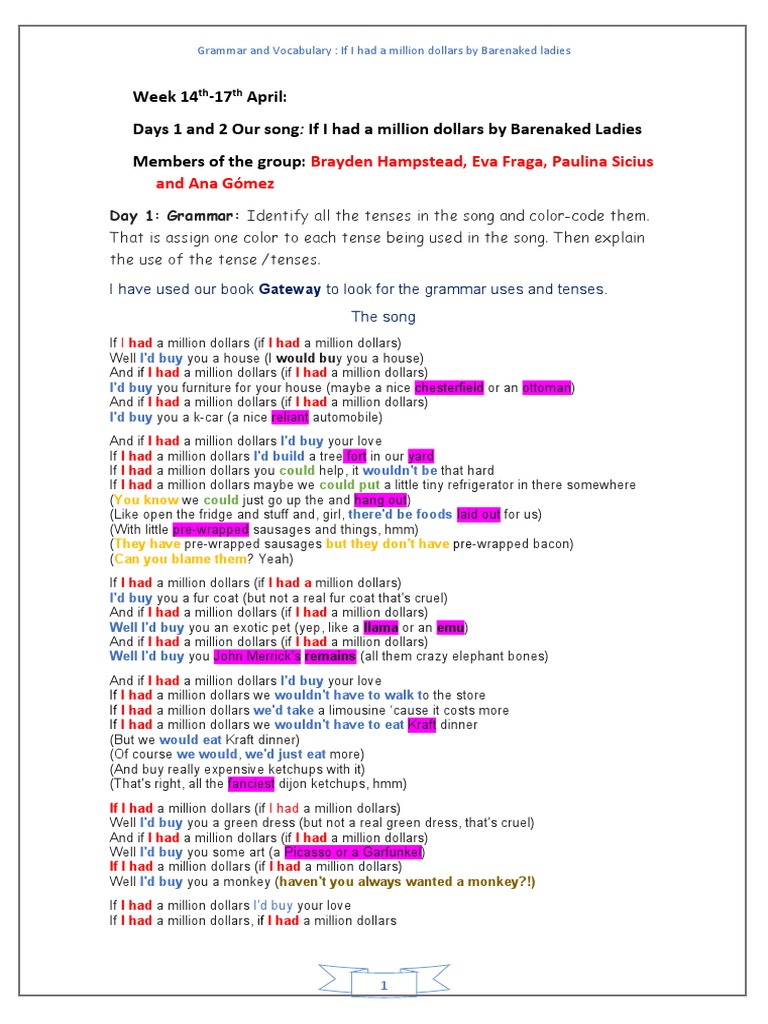 If I Had A Million Dollars Grammar and Vocabulary | PDF | Couch | Grammar