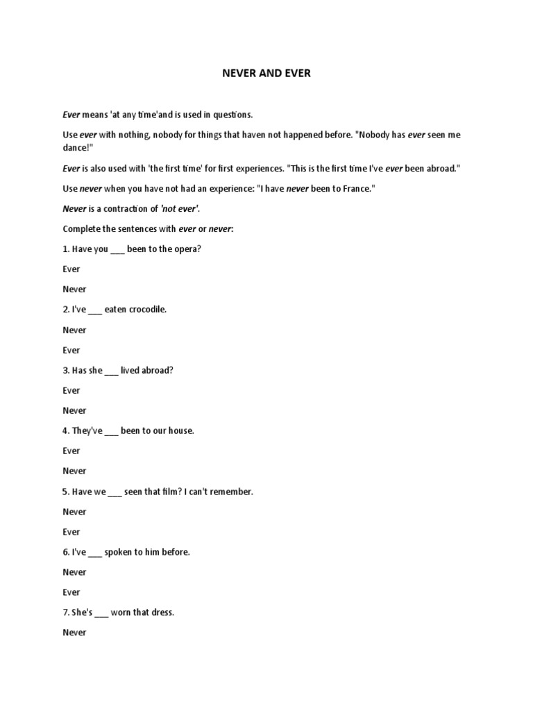 Never and Ever: Ever Means 'At Any Time'and Is Used in Questions | PDF