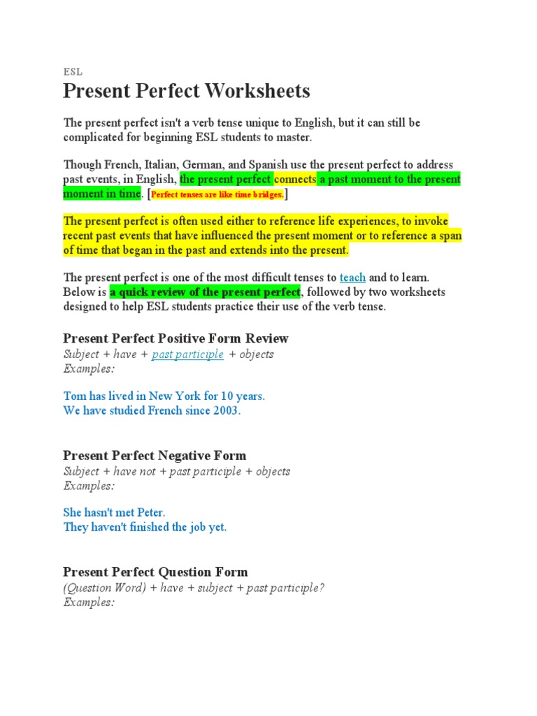 Present Perfect - REVIEW & WORKSHEETS 2 | PDF | English Language ...