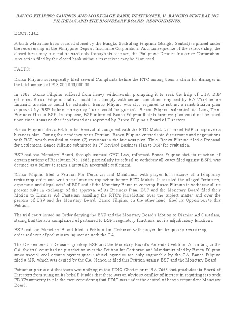 Banco Filipino Savings and Mortgage Bank | PDF | Receivership | Lawsuit
