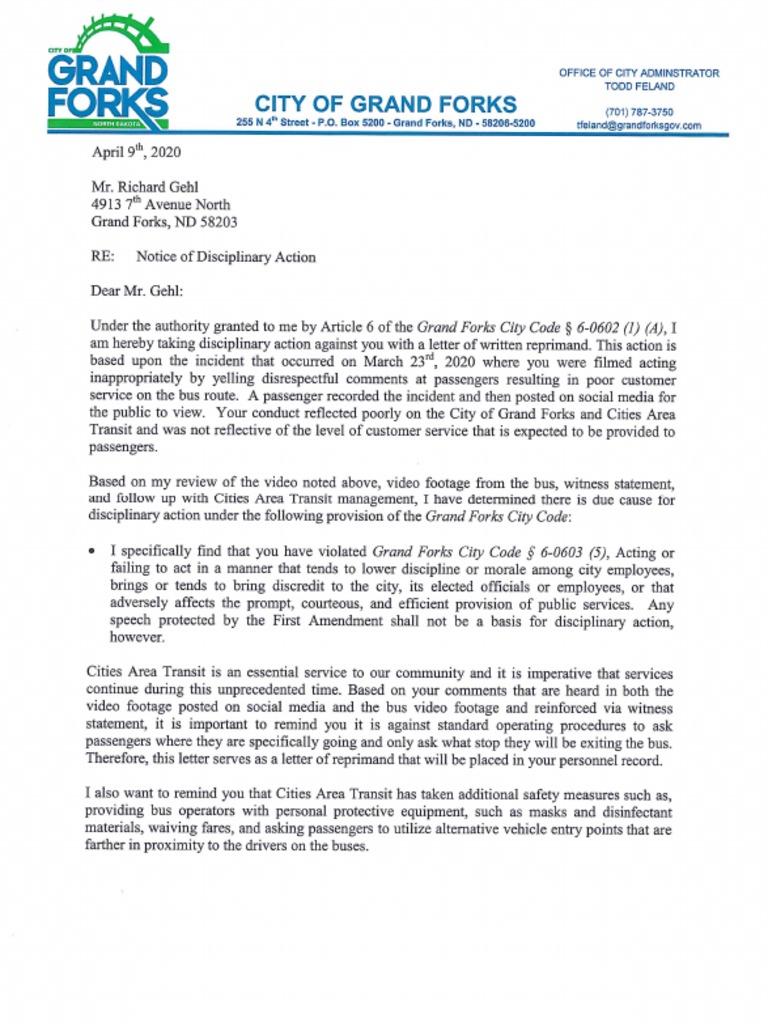April 9 Grand Forks Richard Gehl Disciplinary Letter | PDF