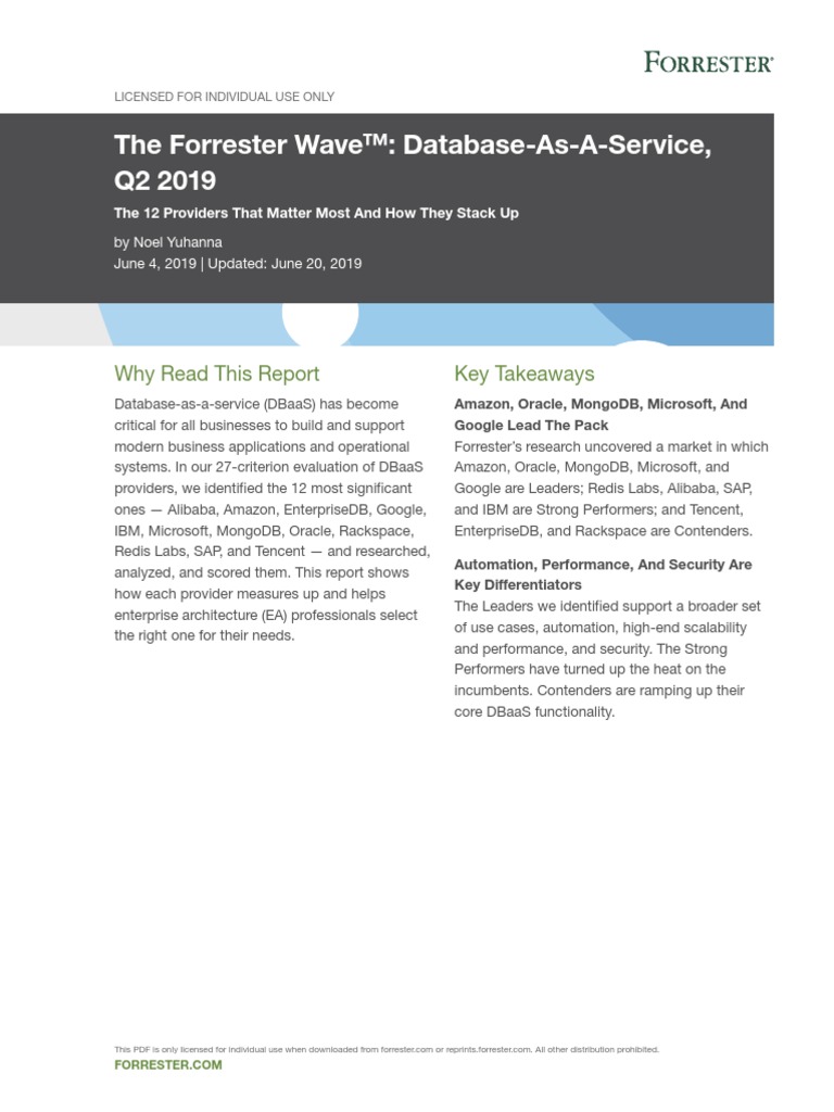 The Forrester Wave™ - Database-As-A-Service, Q2 2019 | PDF | Cloud Computing | Databases