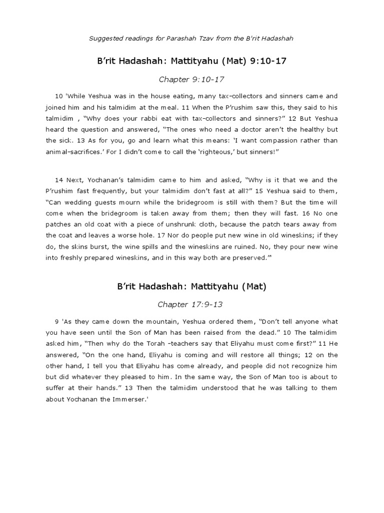 Parashah Tzav From The B'rit Hadashah | PDF | Sacrifice | Religious Texts