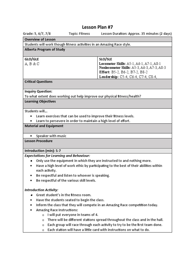 Lesson Plan 7 | PDF | Physical Fitness | Lesson Plan