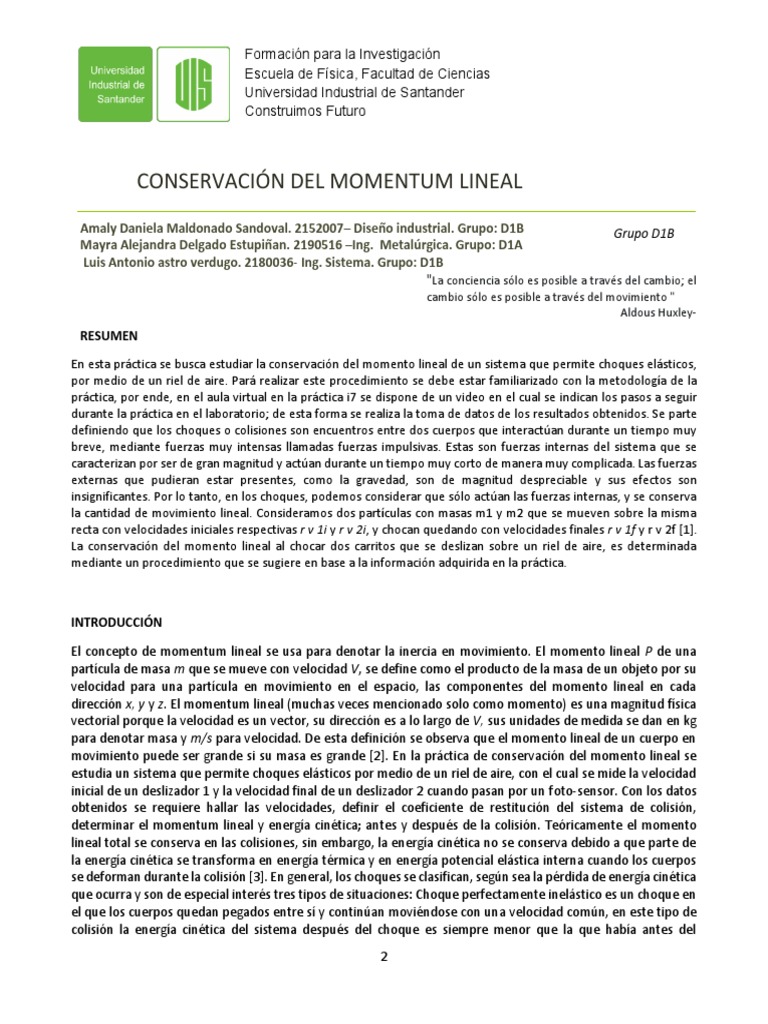 Informe I7 Momentum Lineal PDF | PDF | Masa | Impulso