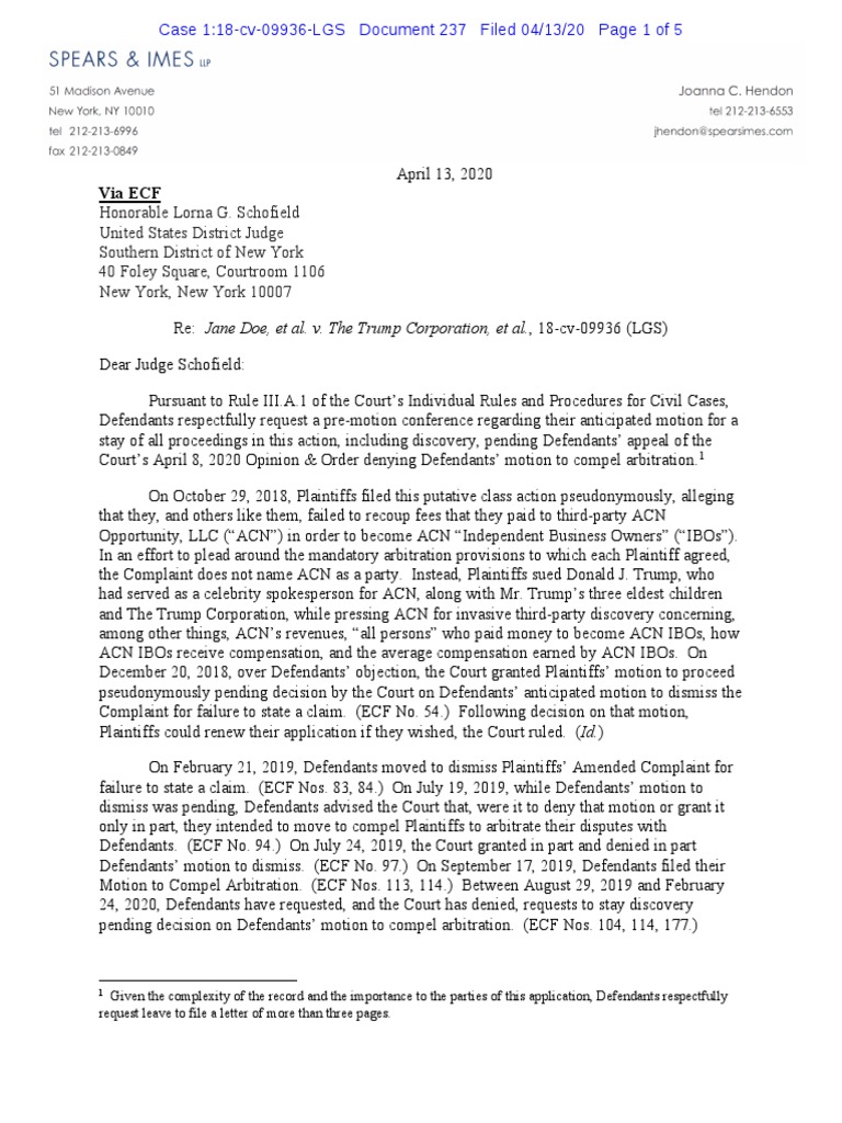 Trump Letter Motion For Stay Pending Appeal | PDF | Discovery (Law) | Demurrer