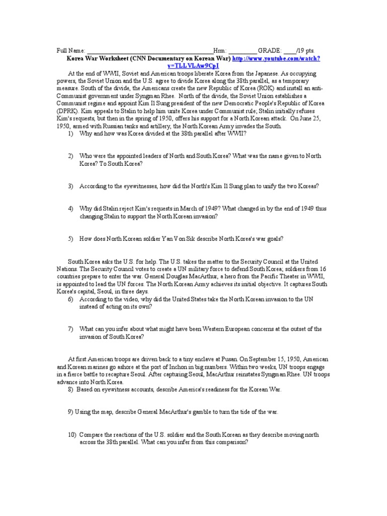 Korea War Worksheet (CNN Documentary On Korean War) : V Tllvlaw9Cpi ...