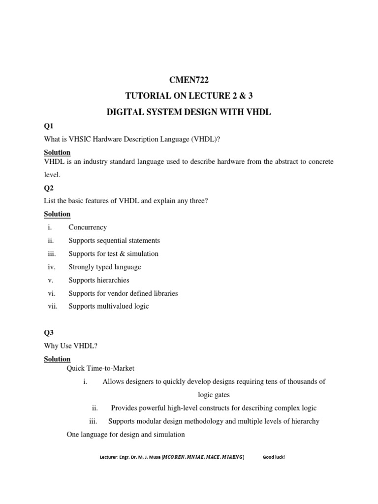 CMEN722 Tutorial On Lecture 2 & 3 Digital System Design With VHDL | PDF | Field Programmable ...