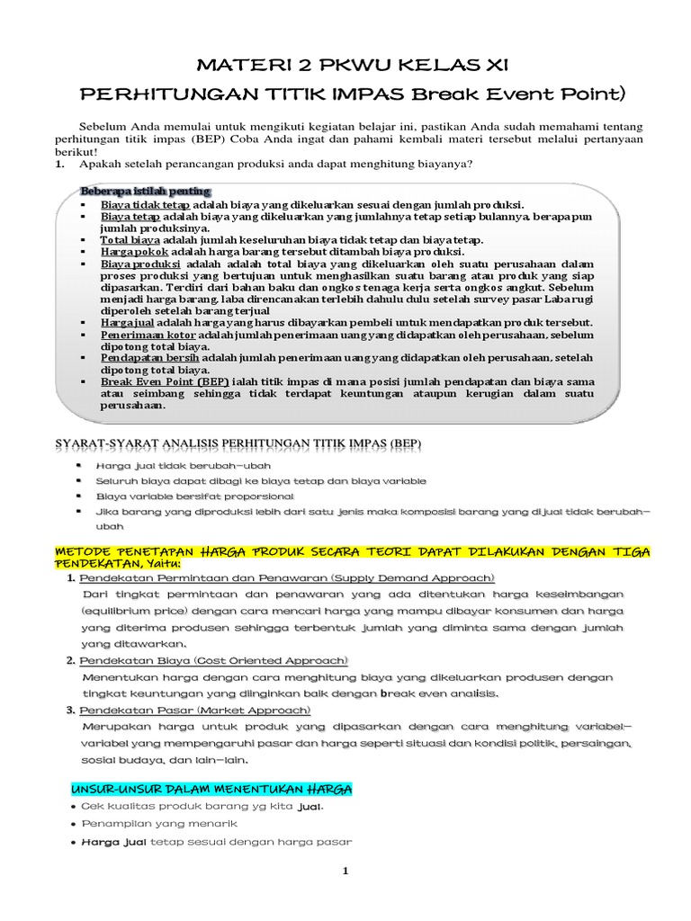 Rumus dan Contoh BEP PKWU Kelas 11 | PDF | Teknologi & Rekayasa