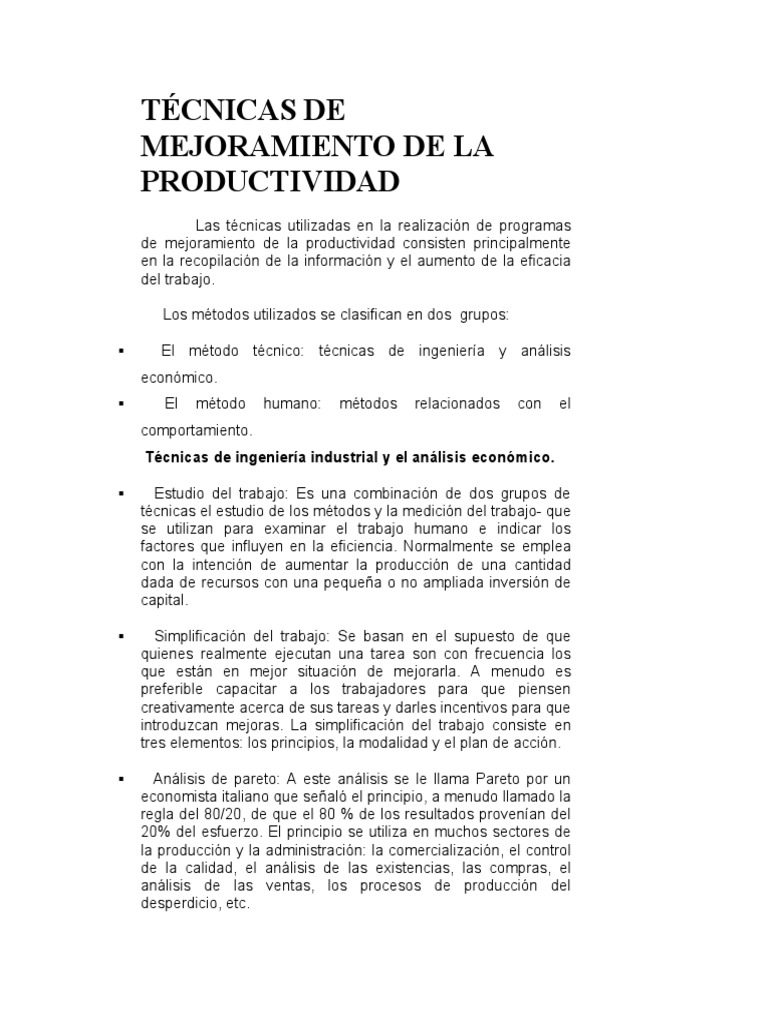 Técnicas de Mejoramiento de La Productividad | PDF | Psicología industrial y organizacional ...