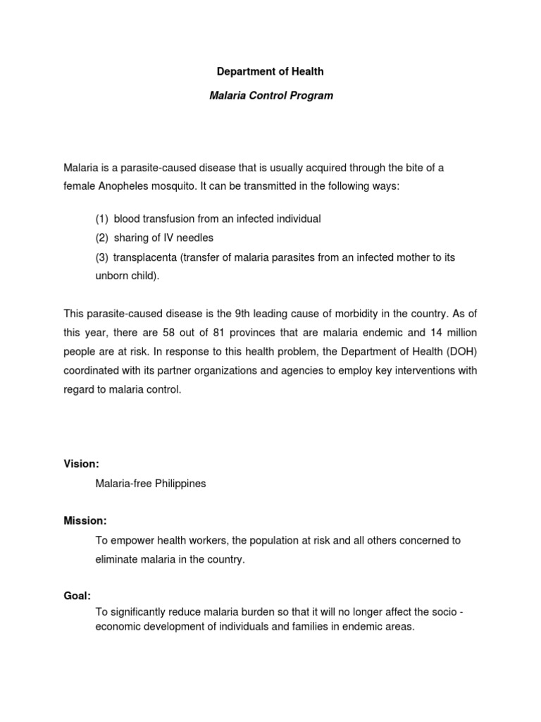 Department of Health: Malaria Control Program | PDF | Malaria | World ...