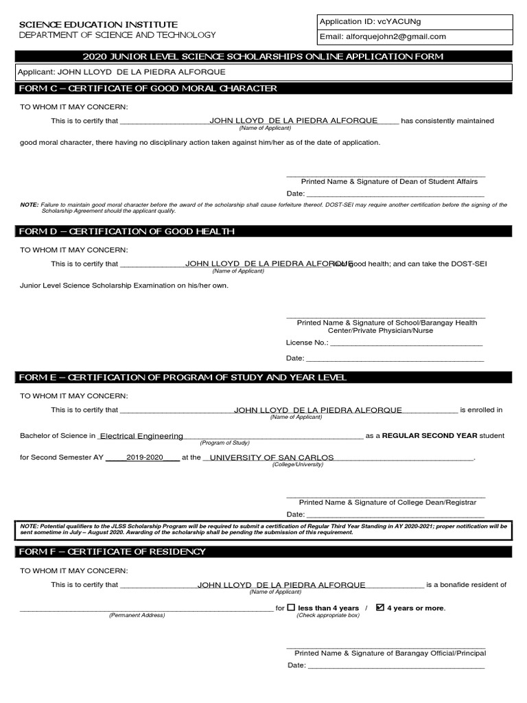 2020 Junior Level Science Scholarships Online Application Form | PDF ...