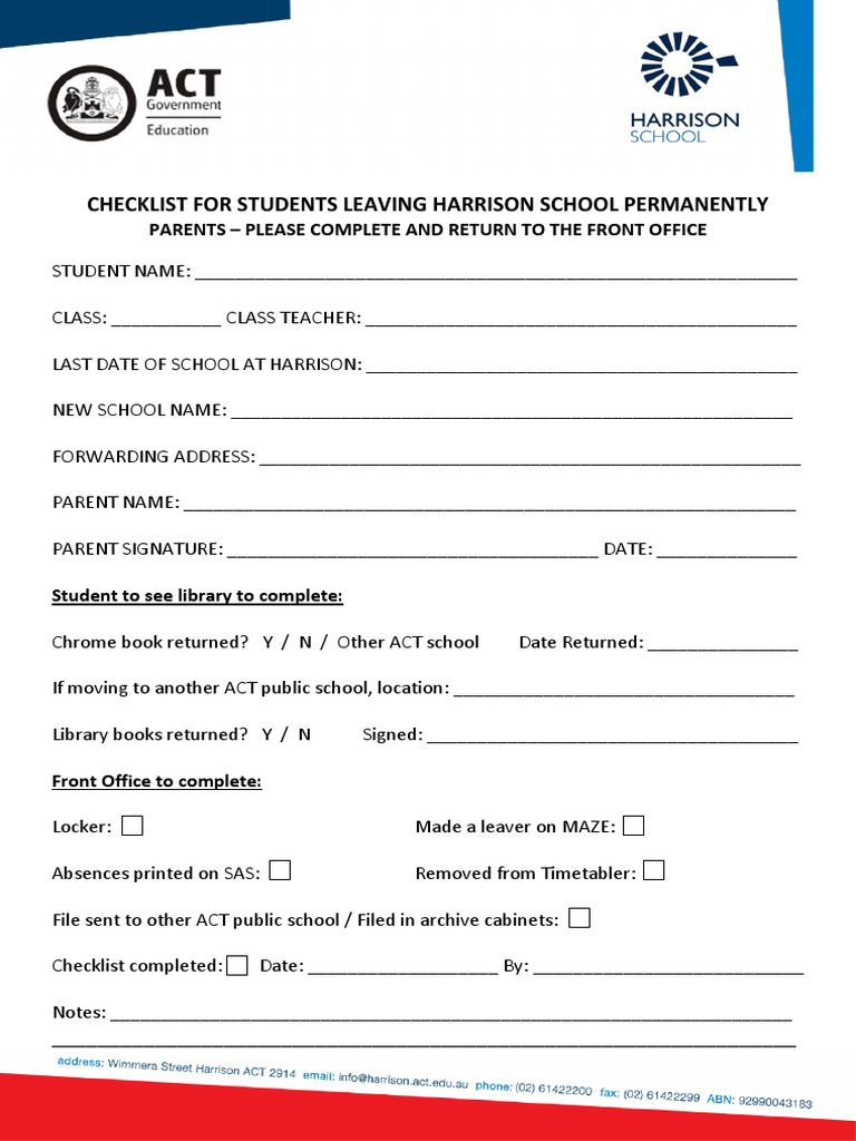 Checklist For Students Leaving Harrison School Permanently: Parents ...