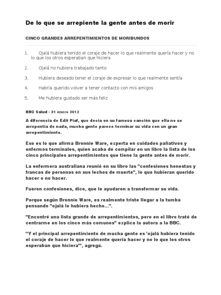 De Lo Que Se Arrepiente La Gente Antes De Morir Pdf Muerte