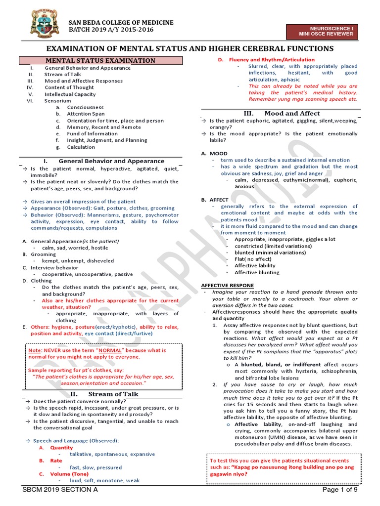 Examination of Mental Status and Higher Cerebral Functions | PDF ...