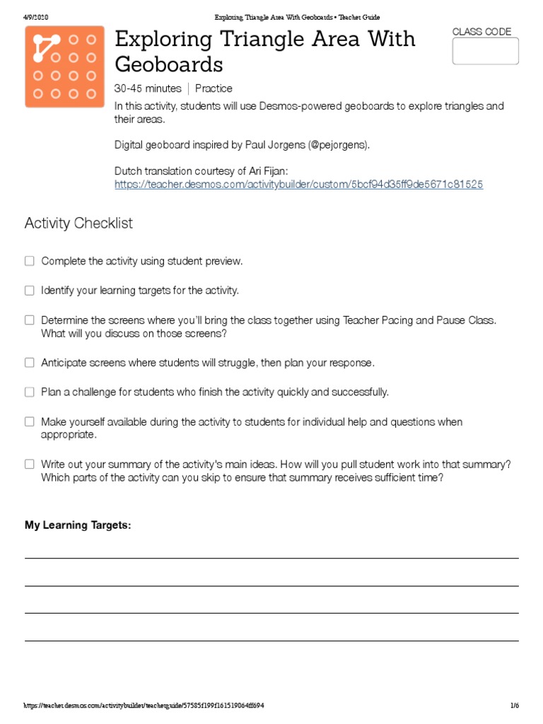 Exploring Triangle Area With Geoboards - Teacher Guide | PDF | Teaching ...