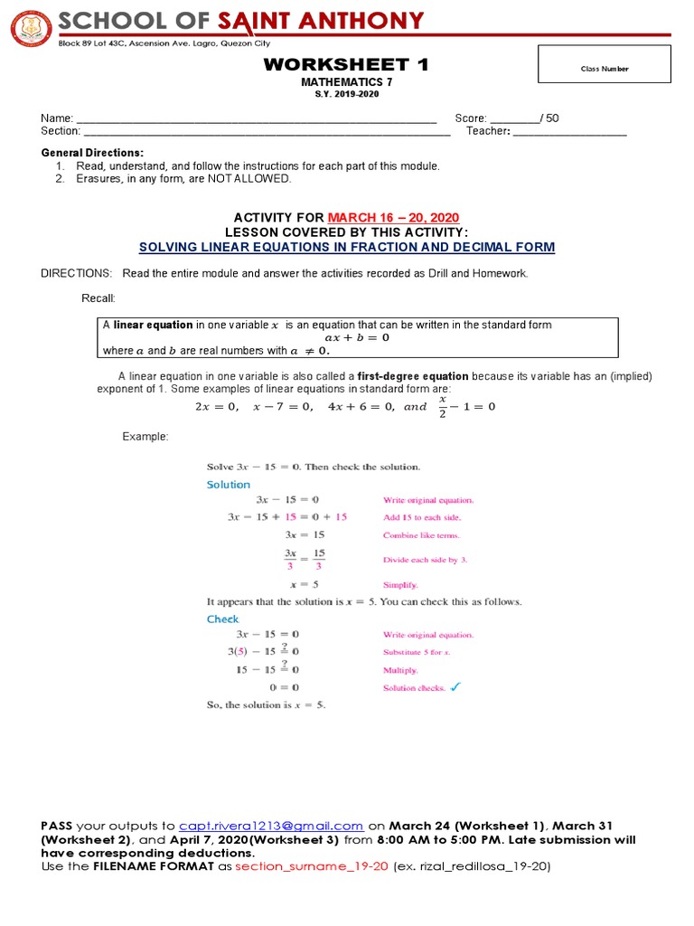 Worksheet 1: Solving Linear Equations in Fraction and Decimal Form ...