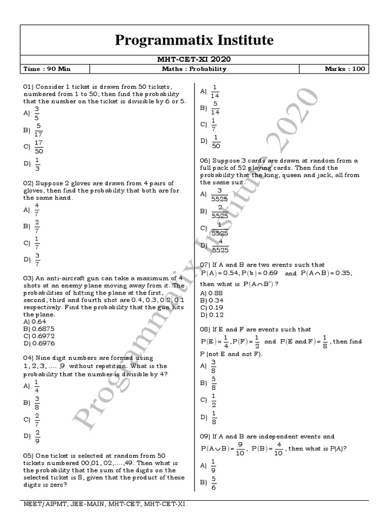 MH CET XI PROBABILITY Paper | PDF | Probability | Teaching Mathematics