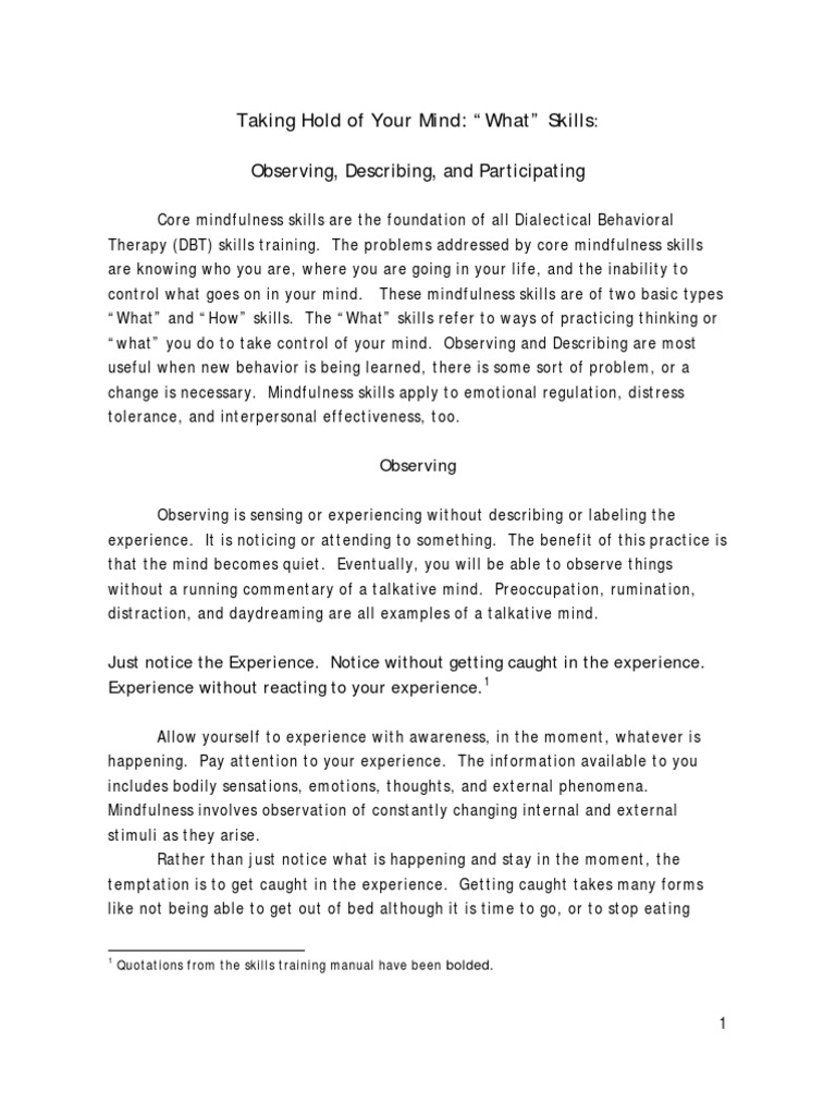 Taking Hold of Your Mind: "What" Skills: Observing, Describing, and ...