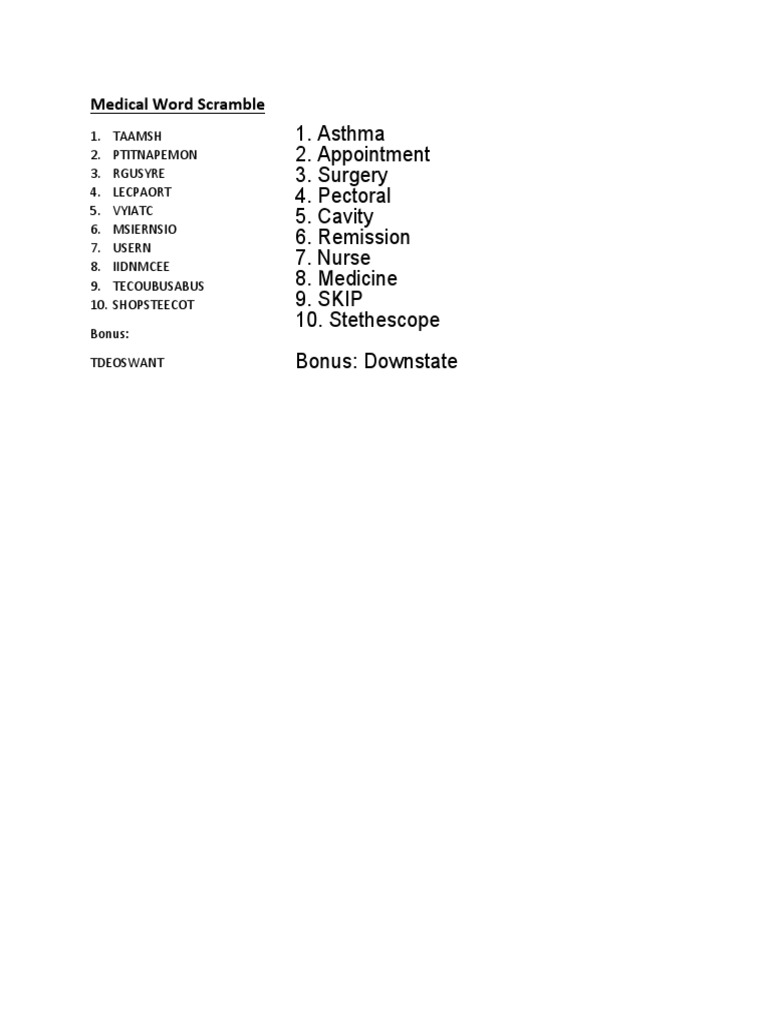 Medical Word Scramble Answers | PDF | Self-Improvement | Wellness