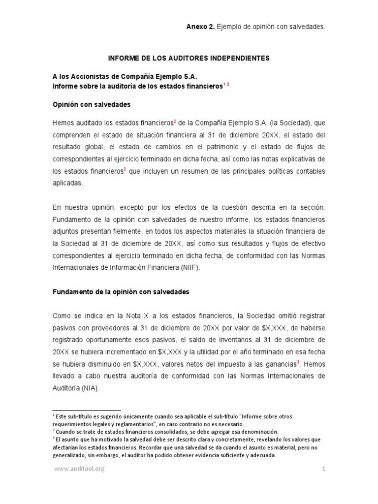Anexo 2 Ejemplo o Modelo de Opinion Con Salvedades (NIA 705) | PDF | Contralor | Auditoría ...