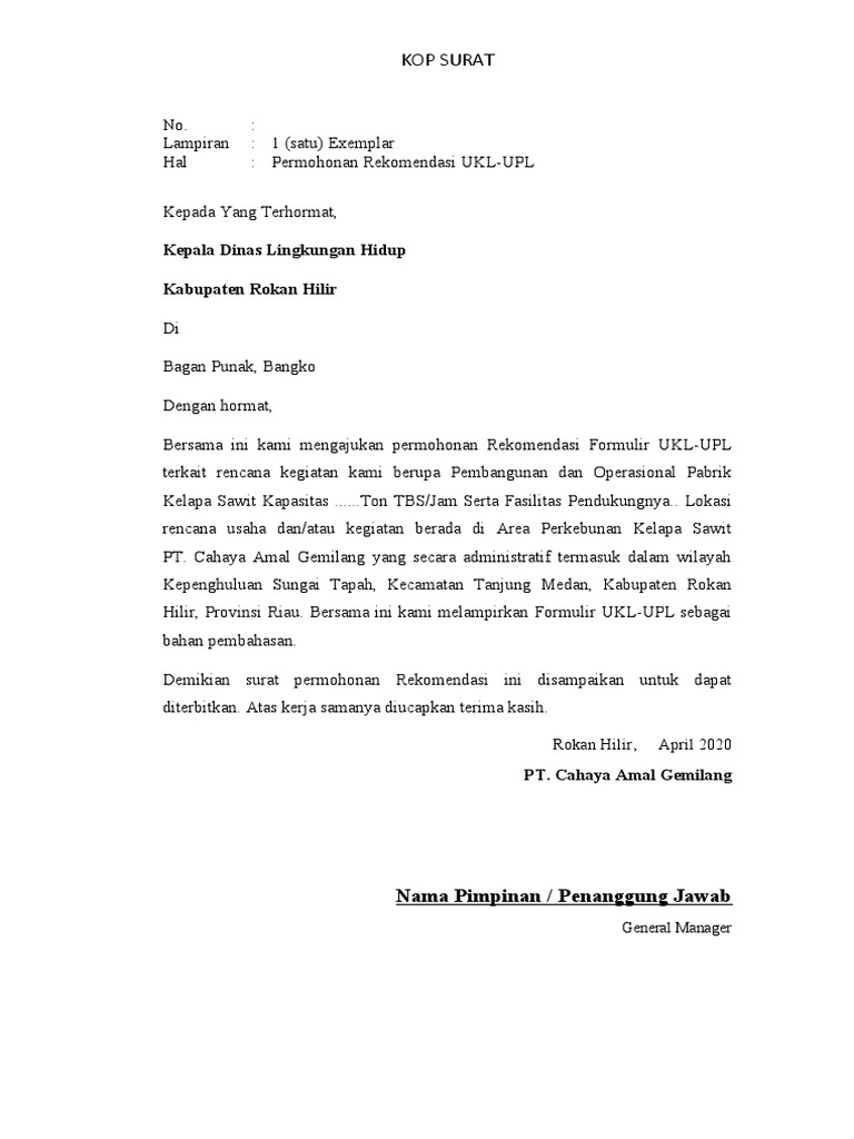 Surat Permohonan Rekomendasi UKL-UPL | PDF
