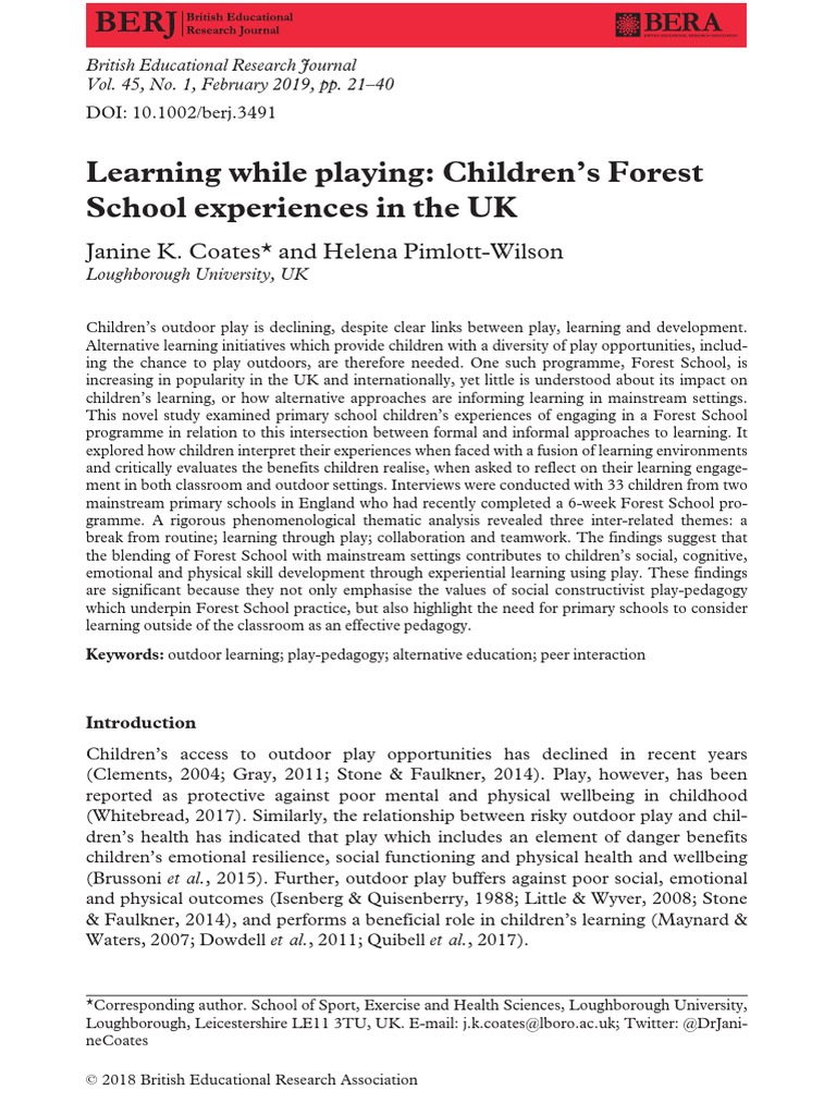 Learning While Playing: Children's Forest School Experiences in The UK ...