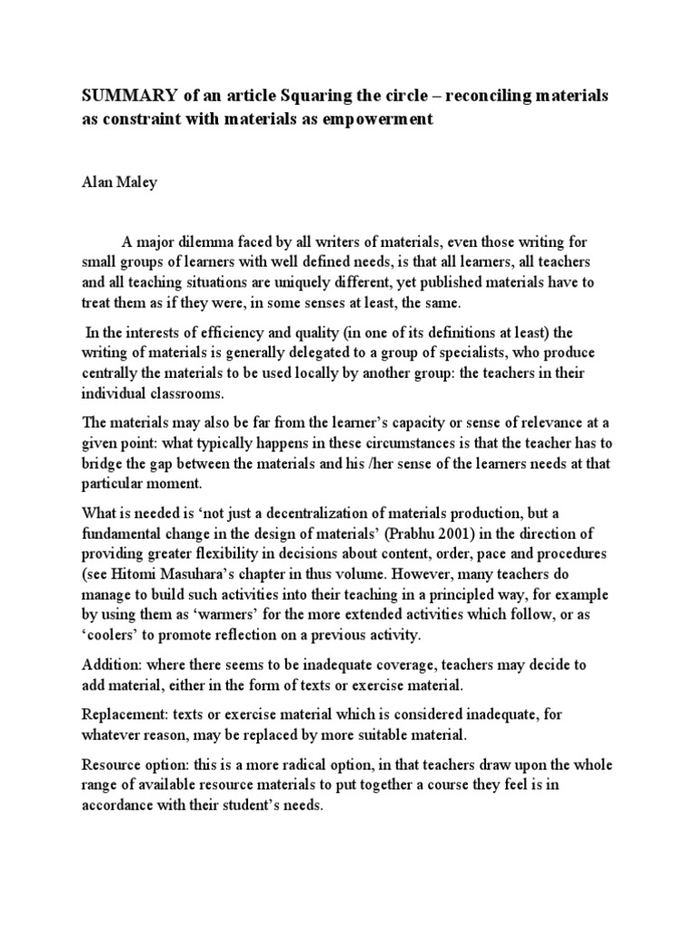 SUMMARY of An Article Squaring The Circle | PDF | Teachers | Reading Comprehension