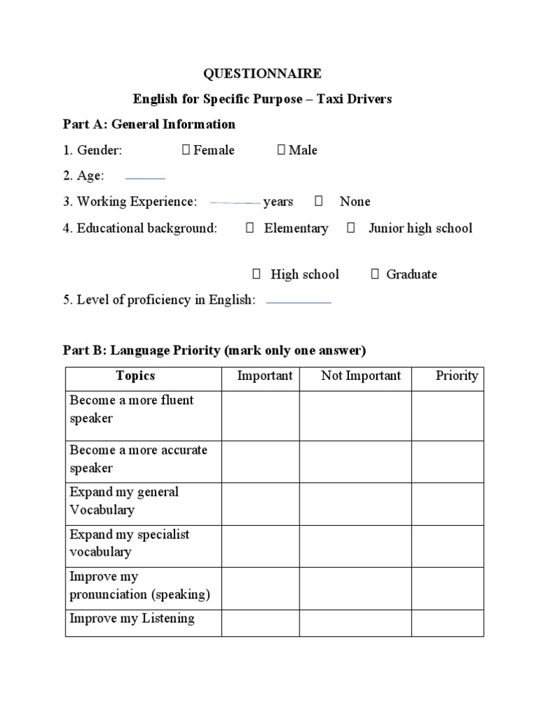 QUESTIONNAIRE For Taxi Drivers | PDF
