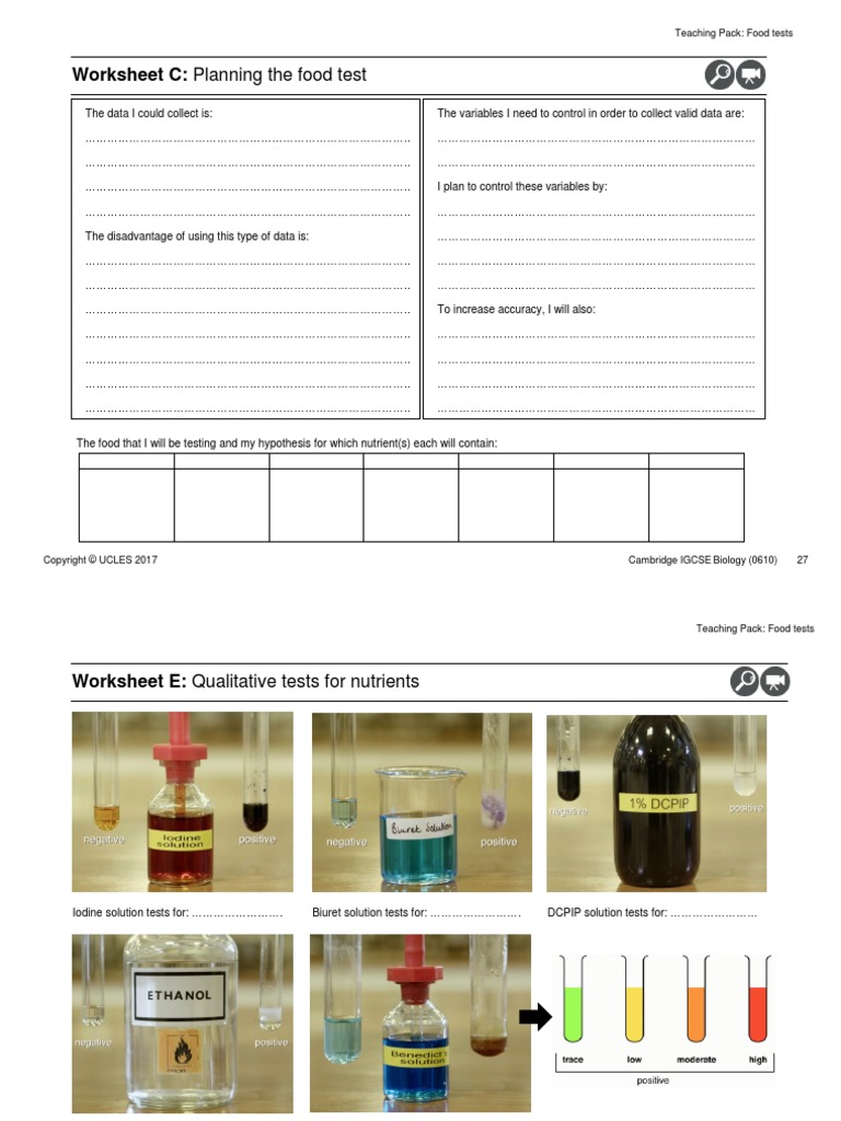 Food Tests Worksheets | PDF | Food And Drink | Chemical Substances