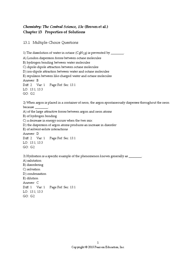 13.1 Multiple-Choice Questions: Chapter 13 Properties of Solutions | PDF | Solvation | Solubility