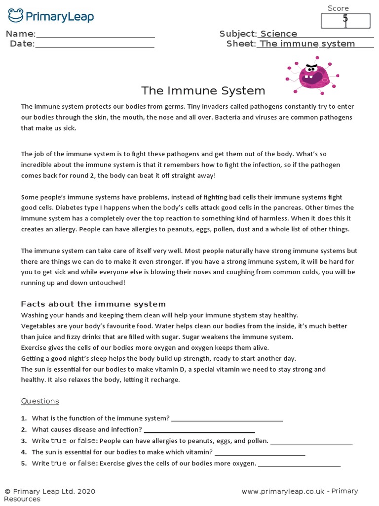 Name: Subject: Science Date: Sheet: The Immune System | PDF | Pathogen ...