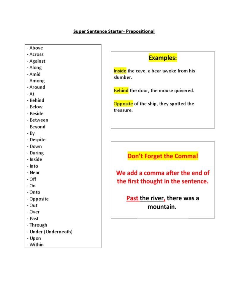 Prepositional Sentence Starters Guide | PDF