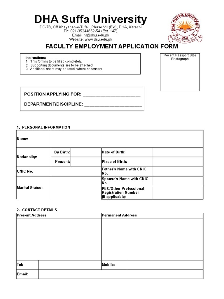 DHA Suffa University: Faculty Employment Application Form | PDF ...